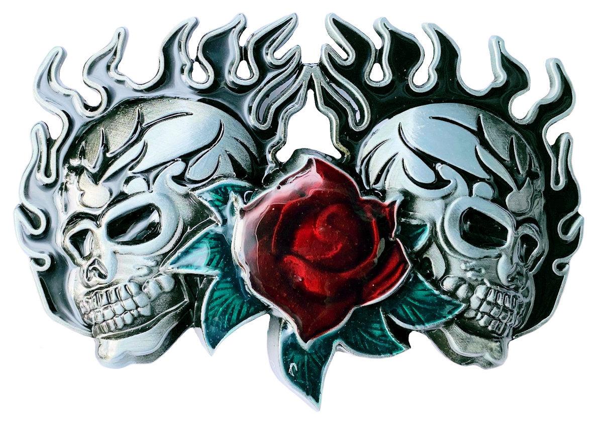 Skulls with Rose and Flames Belt Buckle – Buckle My Belt