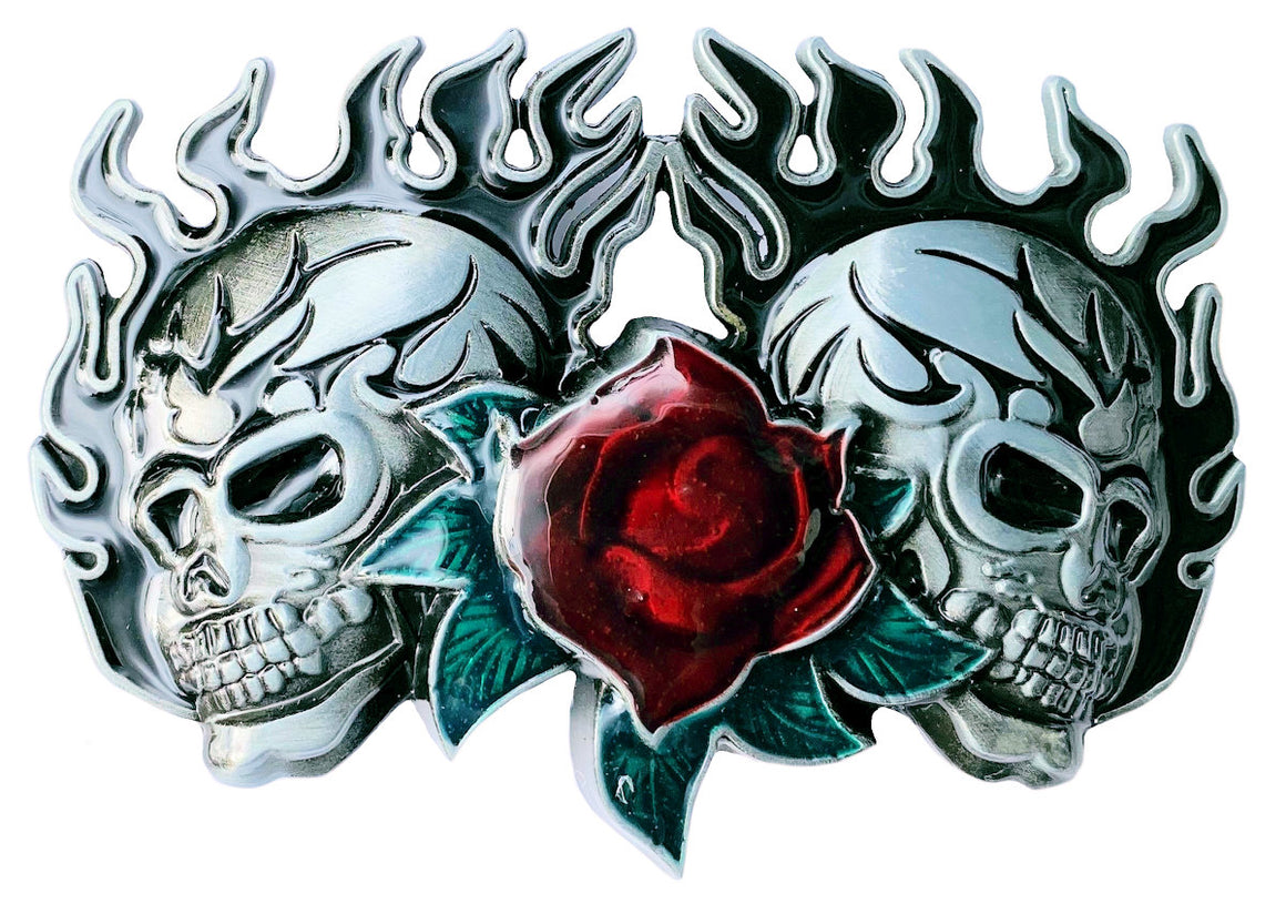 Skulls with Rose and Flames Belt Buckle – Buckle My Belt
