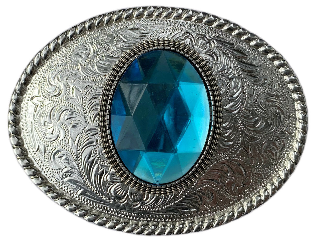 Western Silver Plated Belt Buckle with Light Blue Cabochon – Buckle My Belt