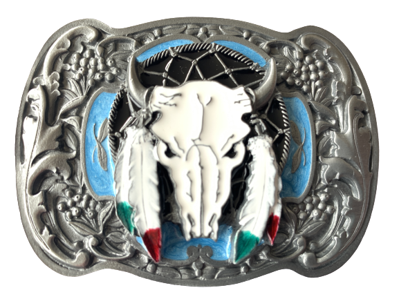 Buffalo Skull Feathers Blue Belt Buckle | BuckleMyBelt.com – Buckle My Belt